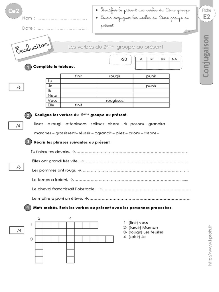 Conjugaison Ce2 Evaluation 2eme Groupe Au Present Pdf