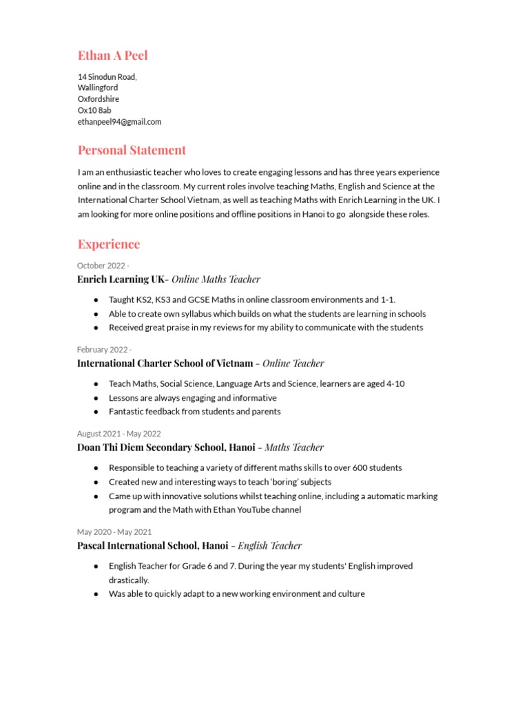 CV - Ethan Peel Maths Teacher | PDF | Teachers | Schools