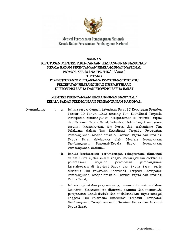 2021-KEPMEN-PPN-131 Tim Pelaksana Koordinasi Terpadu Percepatan Pembangunan Kesejahteraan Papua ...