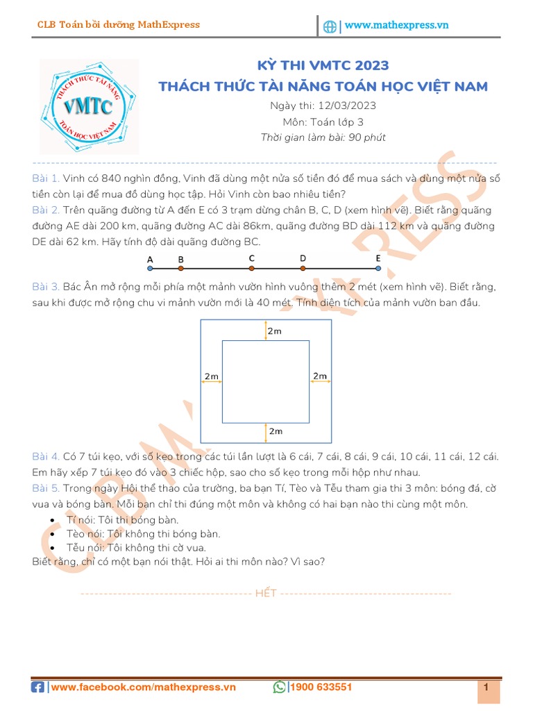 Đề Đáp án VMTC lớp 3,4,5 năm 2023 | PDF