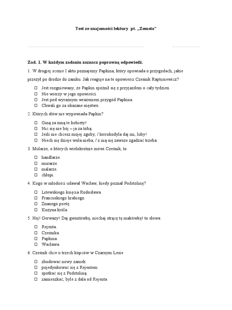 Test Ze Znajomości Lektury Zemsta KL 7 | PDF