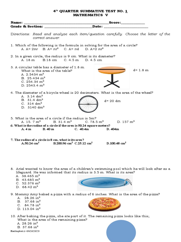 4th Quarter Math Test: Area & Volume | PDF | Volume | Area