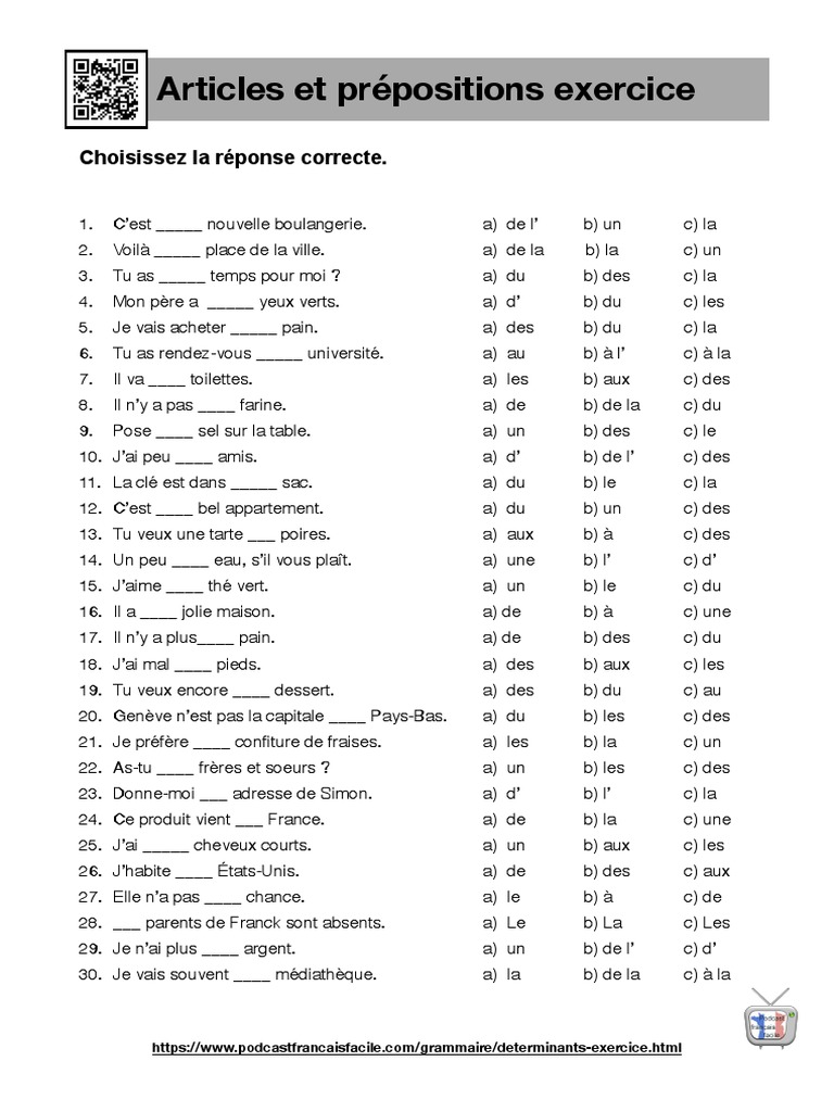 Articles Et Prepositions Exercice | PDF