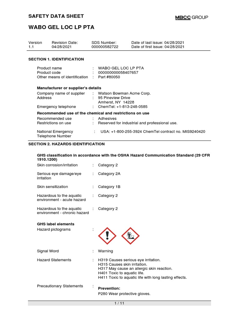 US SDS For WABO GEL LOC LP PTA - EN - Part 80050 | PDF | Dangerous Goods | Toxicity