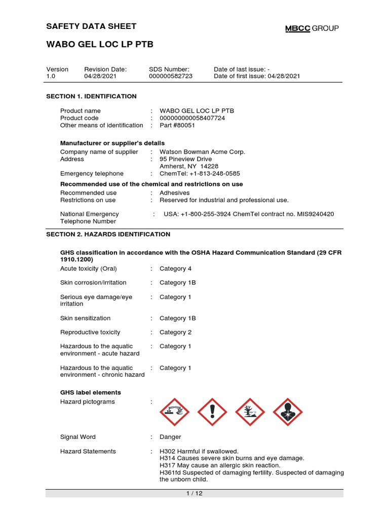 US SDS For WABO GEL LOC LP PTB - EN - Part 80051 | PDF | Toxicity ...