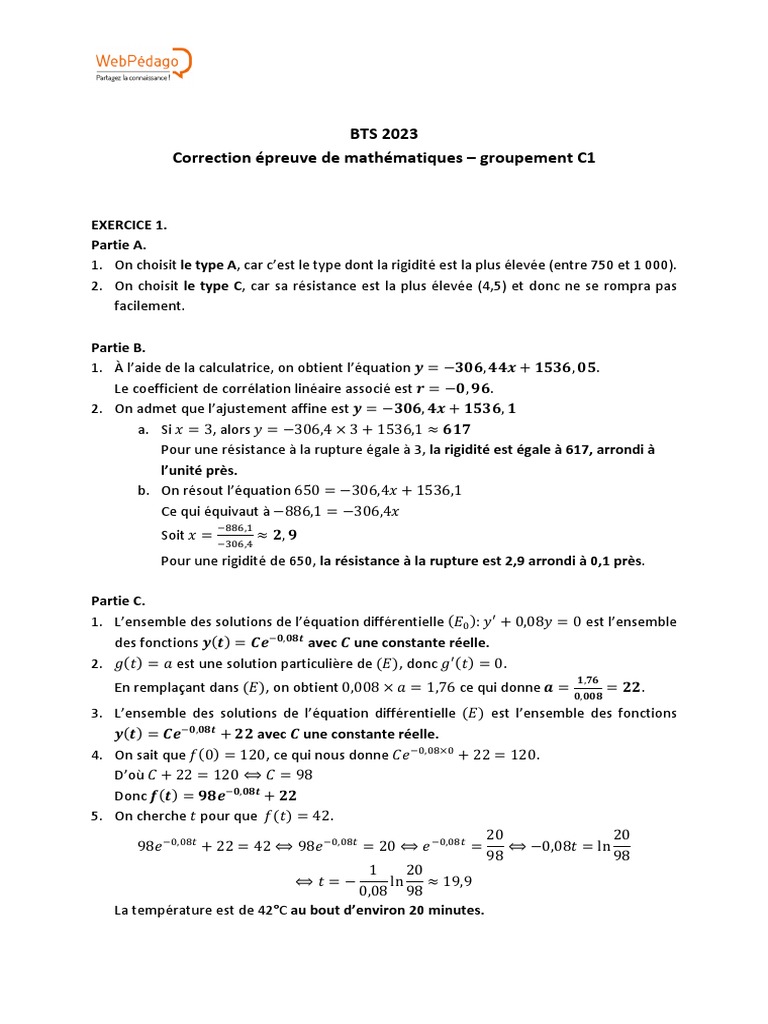 Correction BTS 2023 Maths c1 | PDF