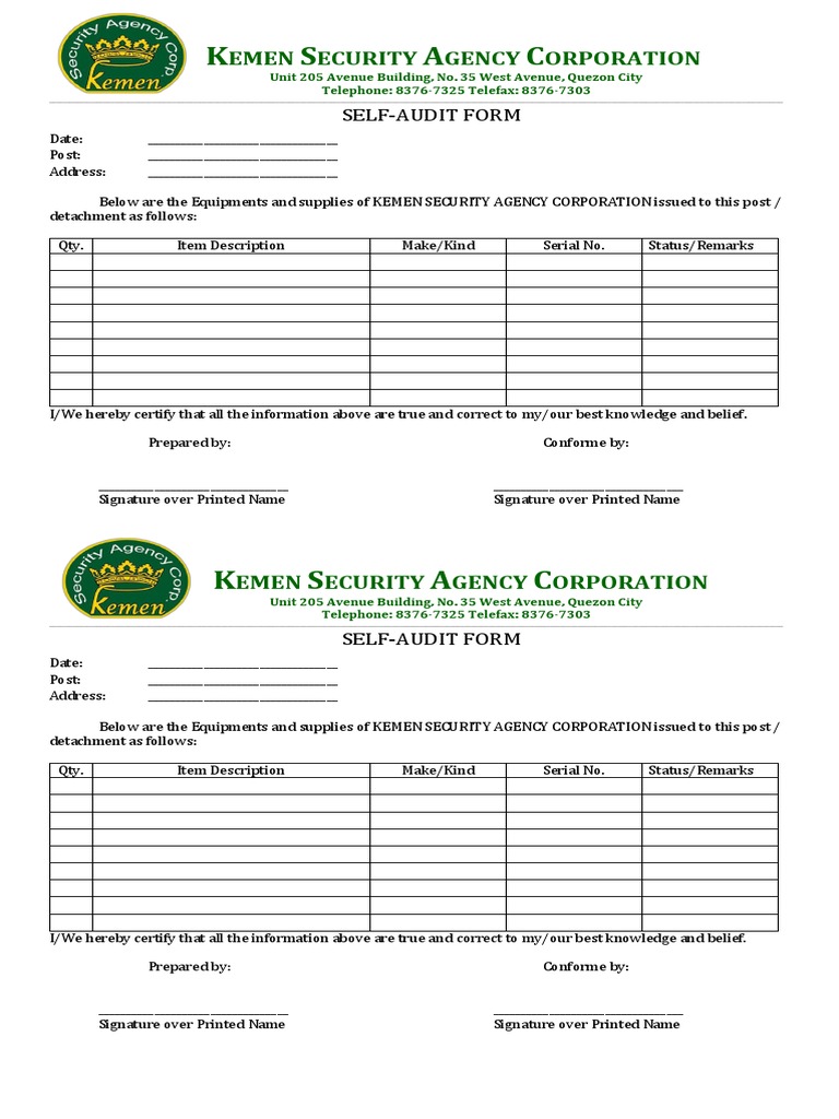Self Audit Form | PDF