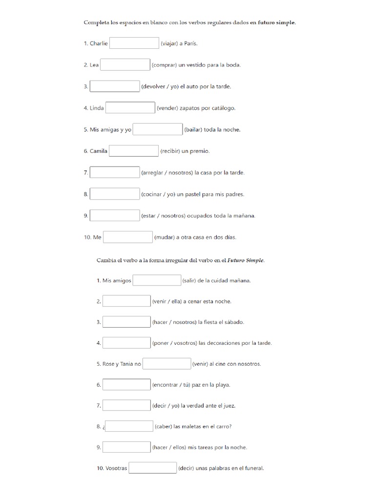 Futuro Simple Ejercicios 2 Tarea Pdf