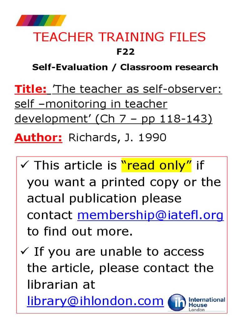 Richards, J. 2000 The Teacher As Self-Observer - Self-Monitoring in ...