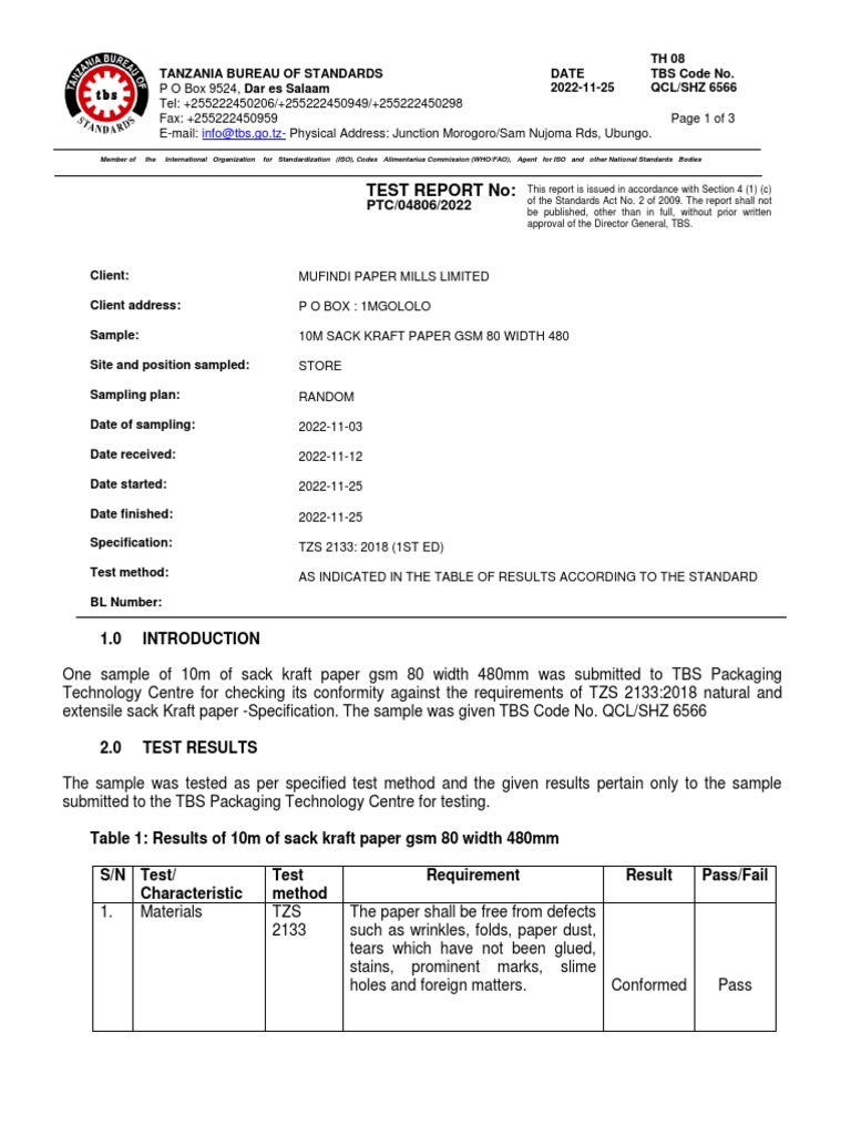 Test Report No:: Info@tbs - Go.tz | PDF | Materials | Secondary Sector ...
