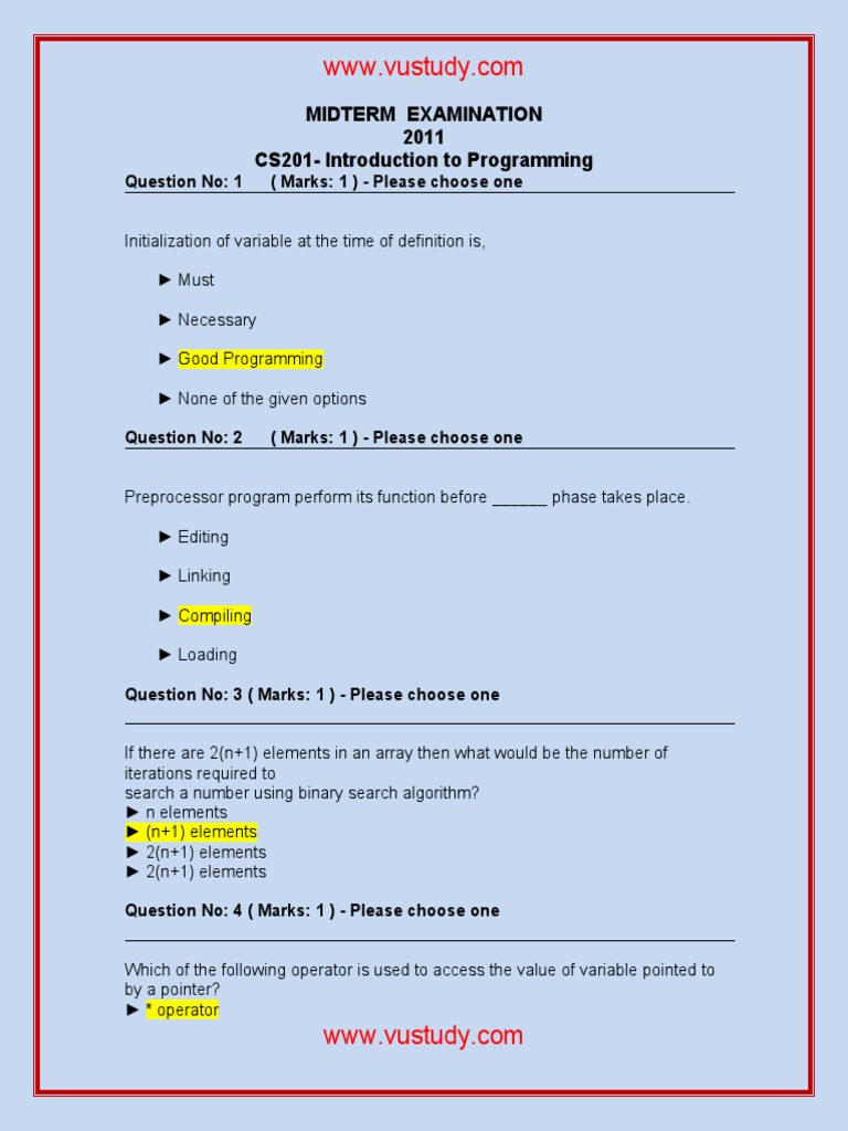 CS201 Midterm Solved MCQs With Reference | PDF | Pointer (Computer Programming) | Matrix ...