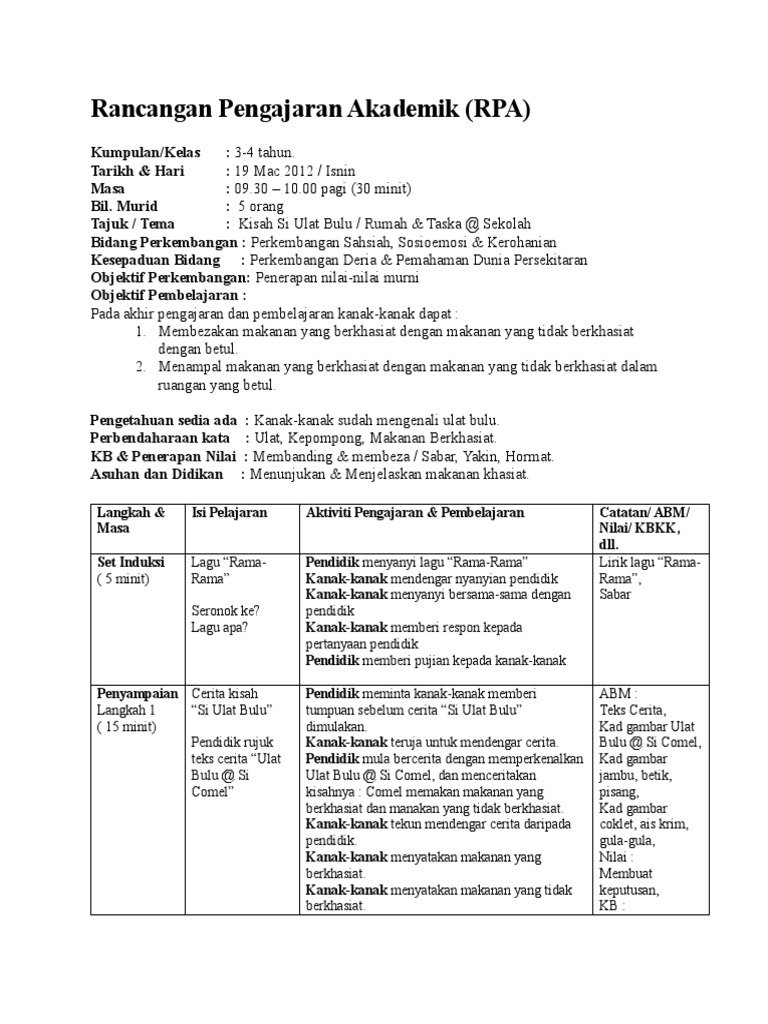 Contoh - Ran Pengajaran Akademik (RPA-TASKA) | PDF
