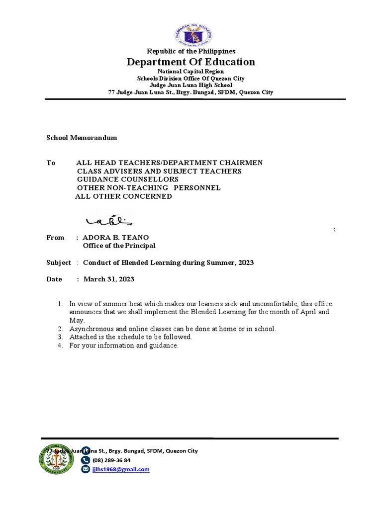 School-Memorandum Blended-Learning Summer | PDF