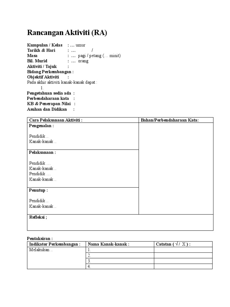 Contoh - Rancangan Aktiviti TASKA | PDF