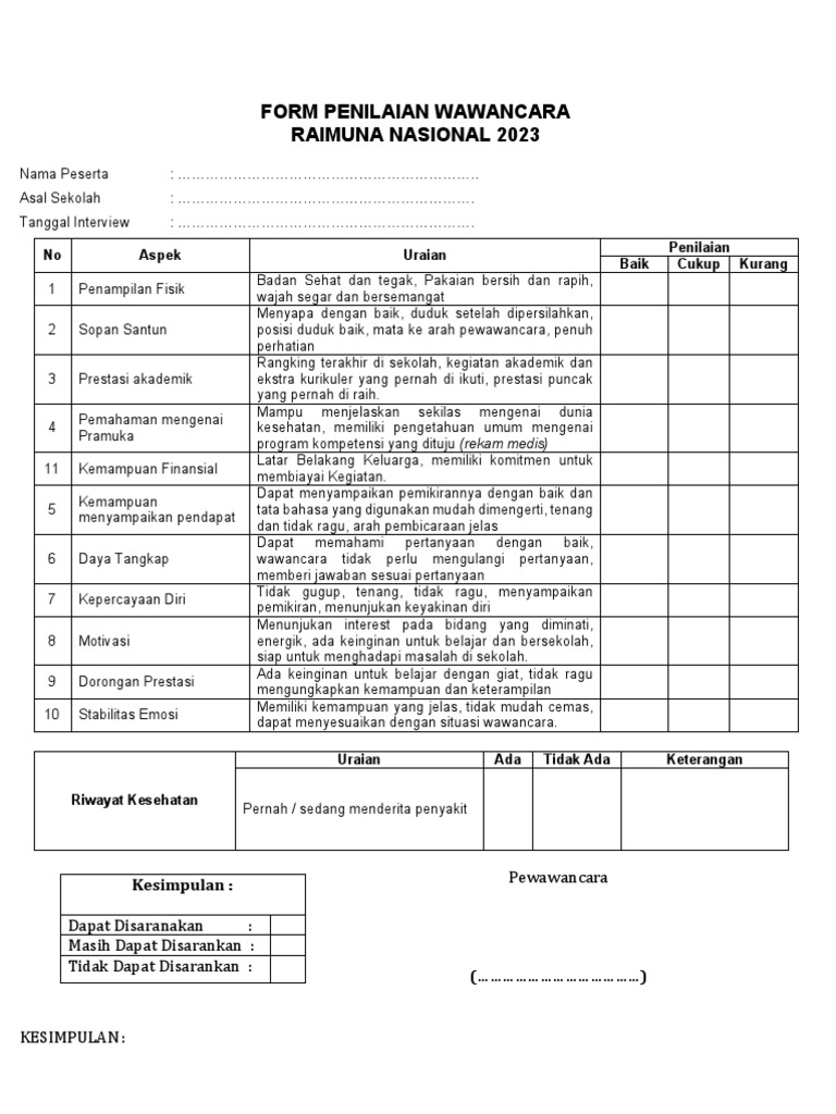Form Penilaian Wawancara Raimuna 2023 | PDF | Pengembangan Diri