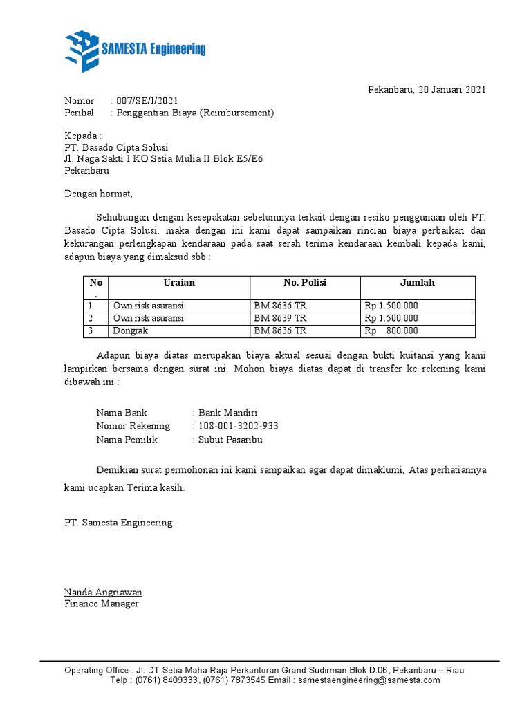 Surat Reimbursement Biaya Perbaikan | PDF | Pengelolaan Keuangan & Uang