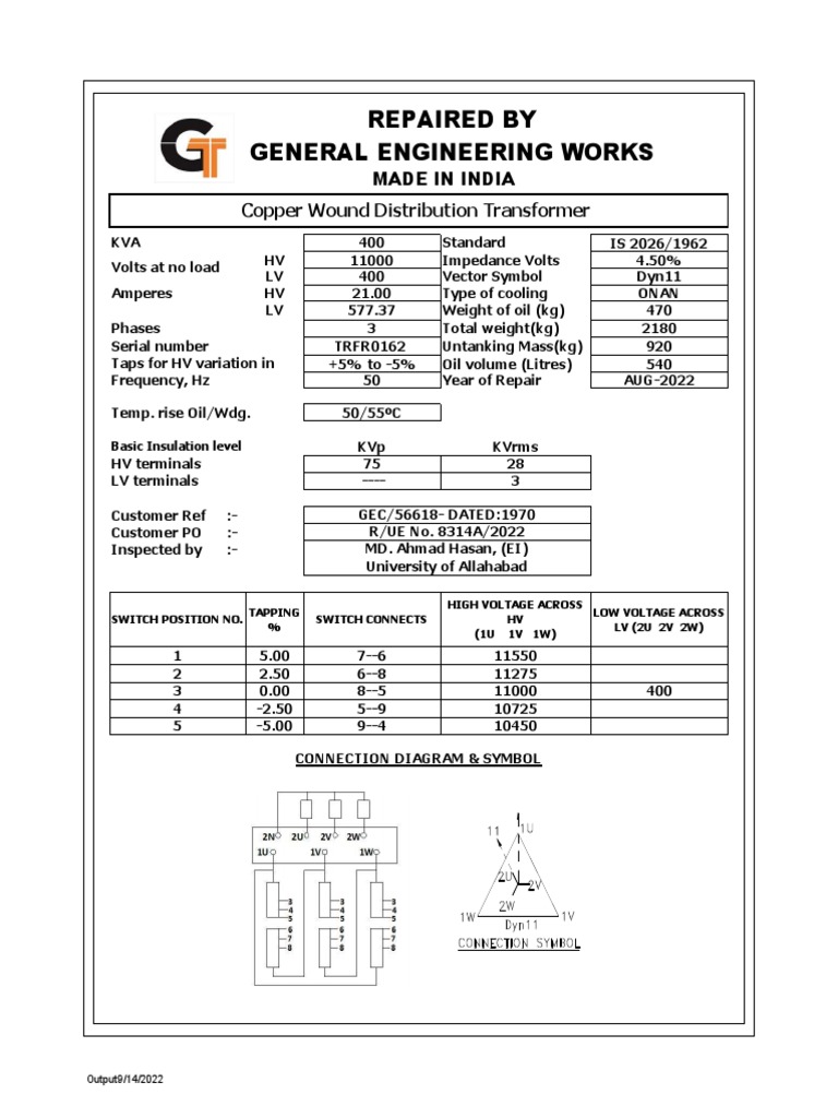 RATING PLATE FOR GEW 400kva Repair UNIVERSITY1 | PDF