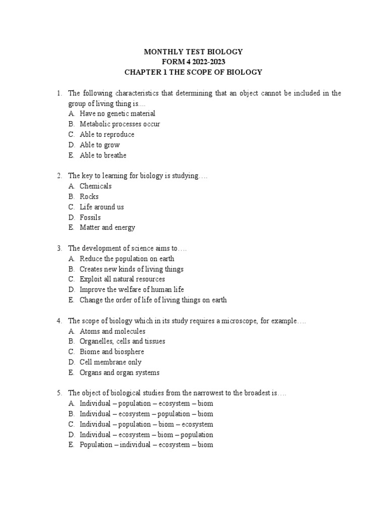 Monthly Test Bio F4 CH1 | PDF | Biology | Life