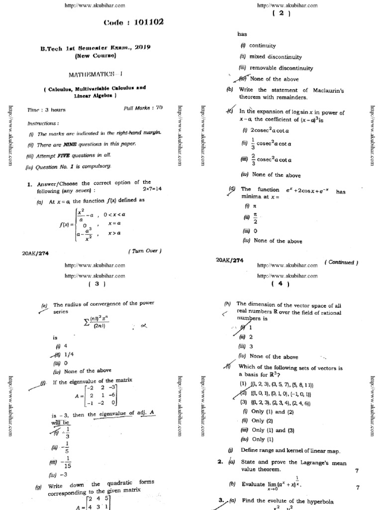 Btech 1 Sem Mathematics Calculus Multivariable Calculus and Linear ... Btech 1 Sem Mathematics Calculus Multivariable Calculus and Linear ...