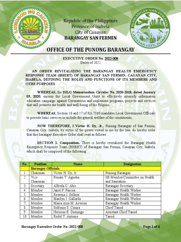 EO No. 2022-008 - Revitalizing BHERT | PDF