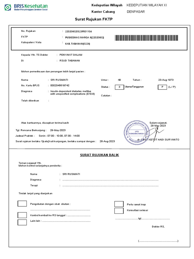 Surat Rujukan Medis Puskesmas Tabanan | PDF