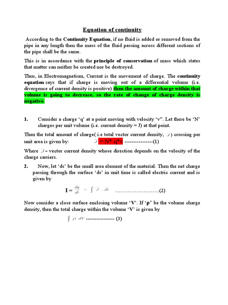 5.equation of Continuity | PDF | Electric Charge | Mathematical Objects