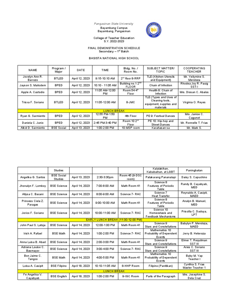 Basista National High School Demo Schedule | PDF