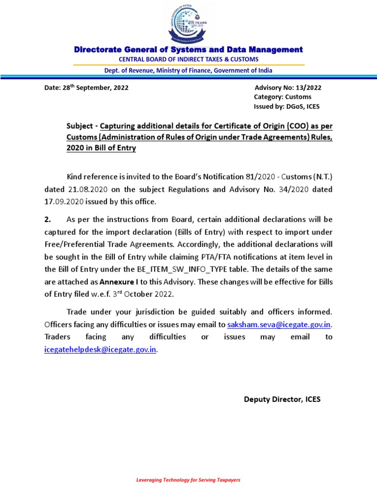 CUSTOMS - ICES Advisory No. 13 - Capturing Additional Details For ...
