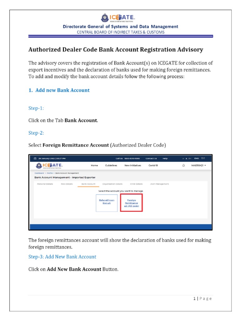 AD Code Bank Account Registration Advisory _ icegate | PDF