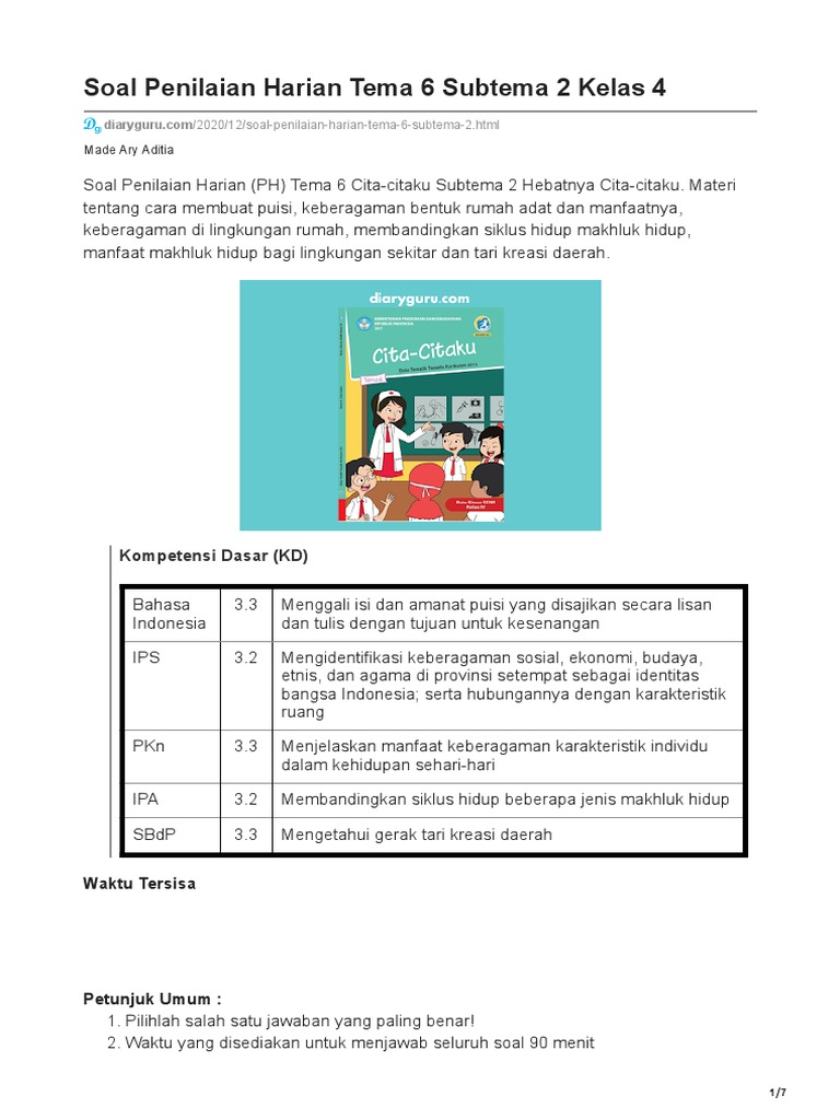 Jawaban Penilaian Harian Tema 7 Sub 2 Kelas 2 | PDF | Kajian Bahasa Asing | Fiksi Umum