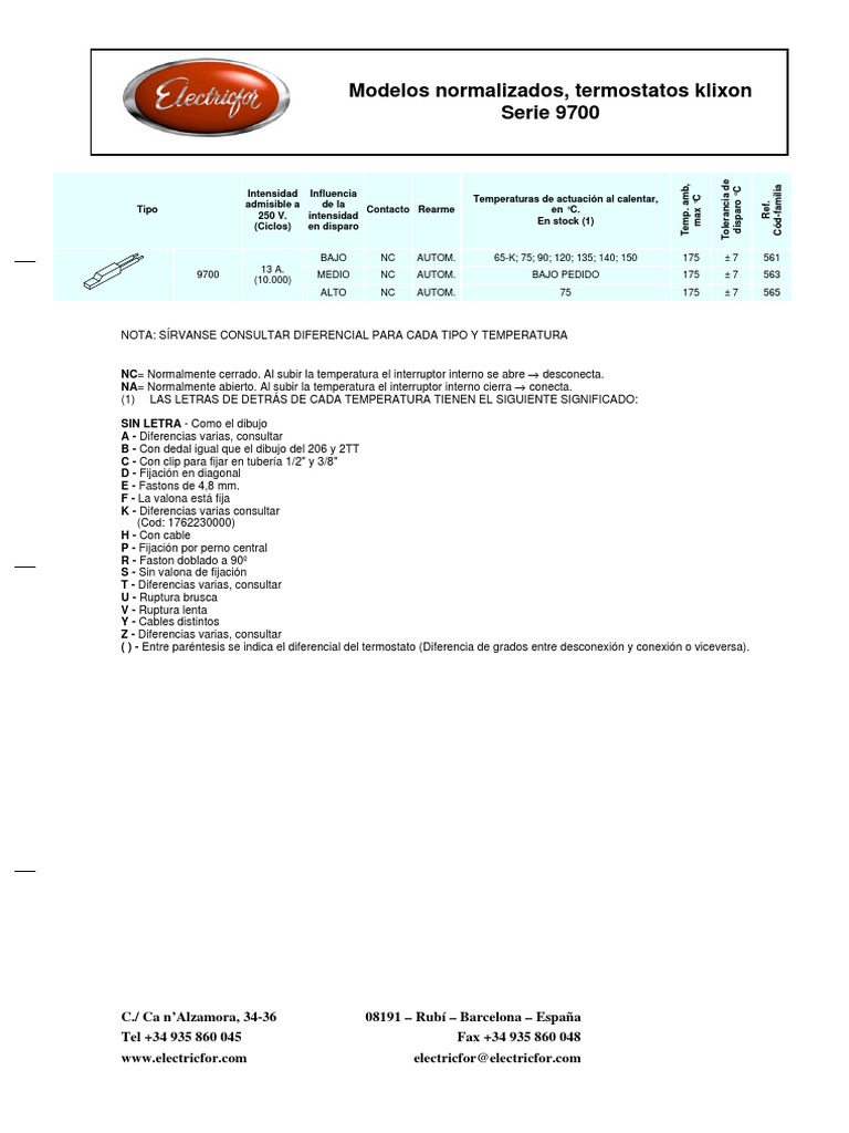 Termostatos Klixon 9700 | PDF | Bienes manufacturados | Temperatura