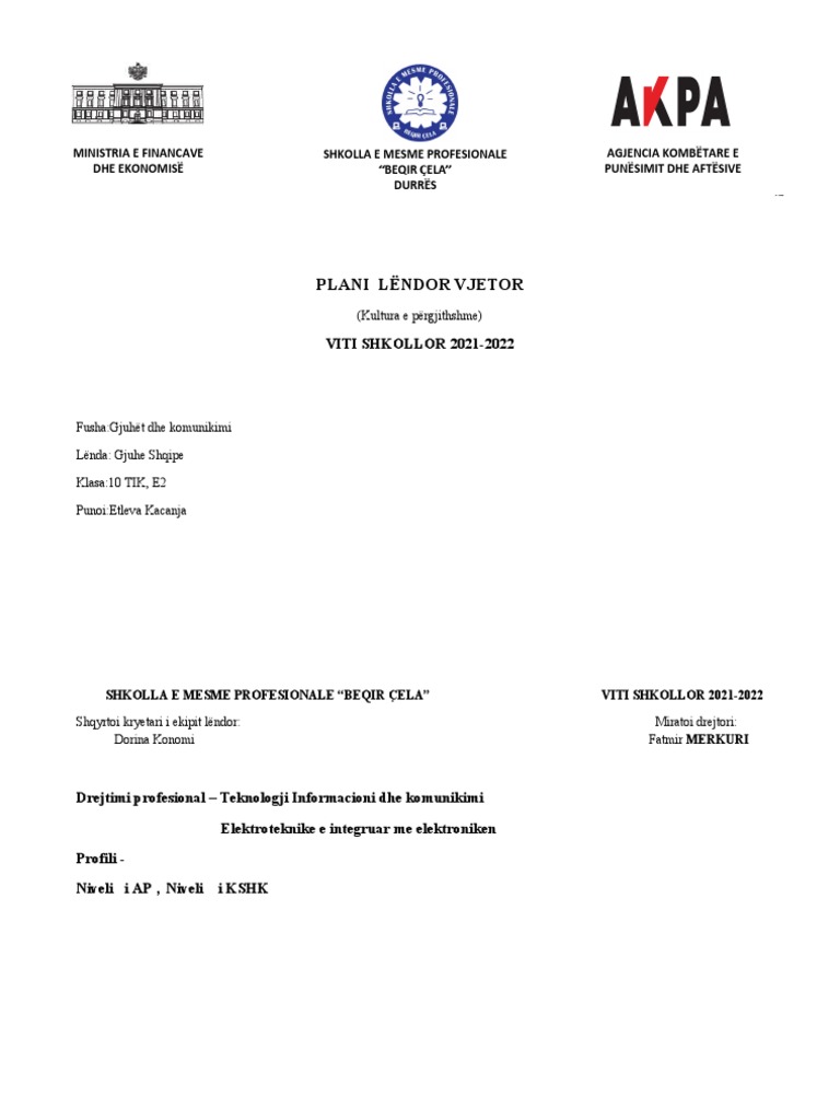 Plani Lendor Vjetor ......... 2021-2022 (Model) Kultura e Pergjithshme ...