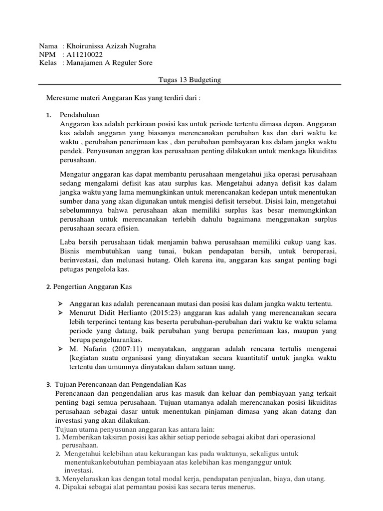 Tugas 13 - A11210022 - Khoirunissa Azizah Nugraha - Budgeting | PDF | Pengelolaan Keuangan & Uang