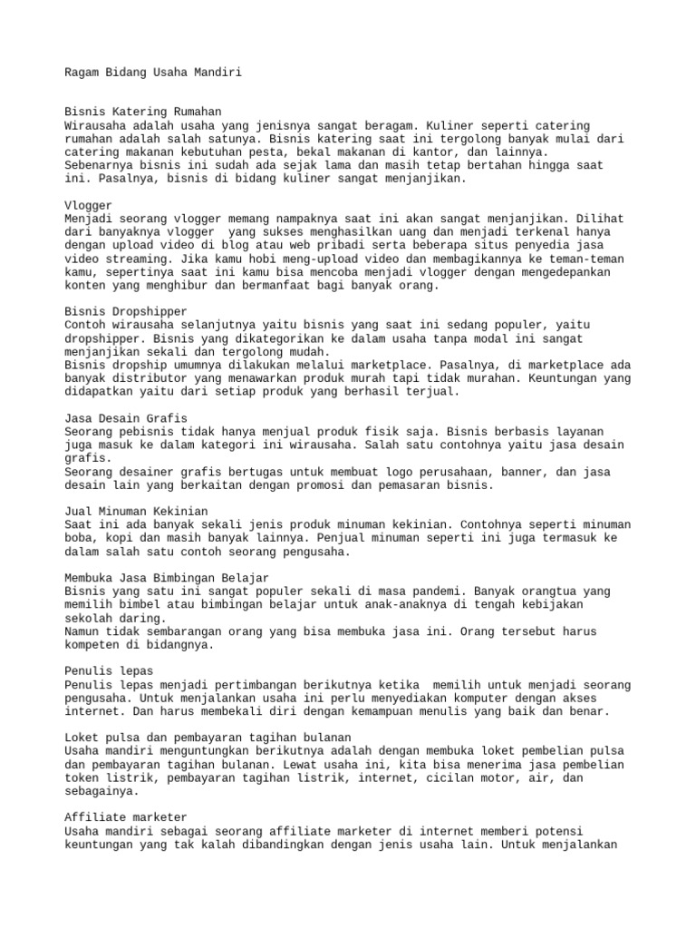 Ragam Bidang Usaha Mandiri | PDF