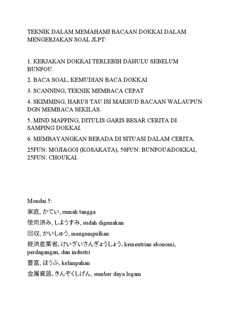 Teknik Dalam Memahami Bacaan Dokkai Dalam Mengerjakan Soal JLPT | PDF