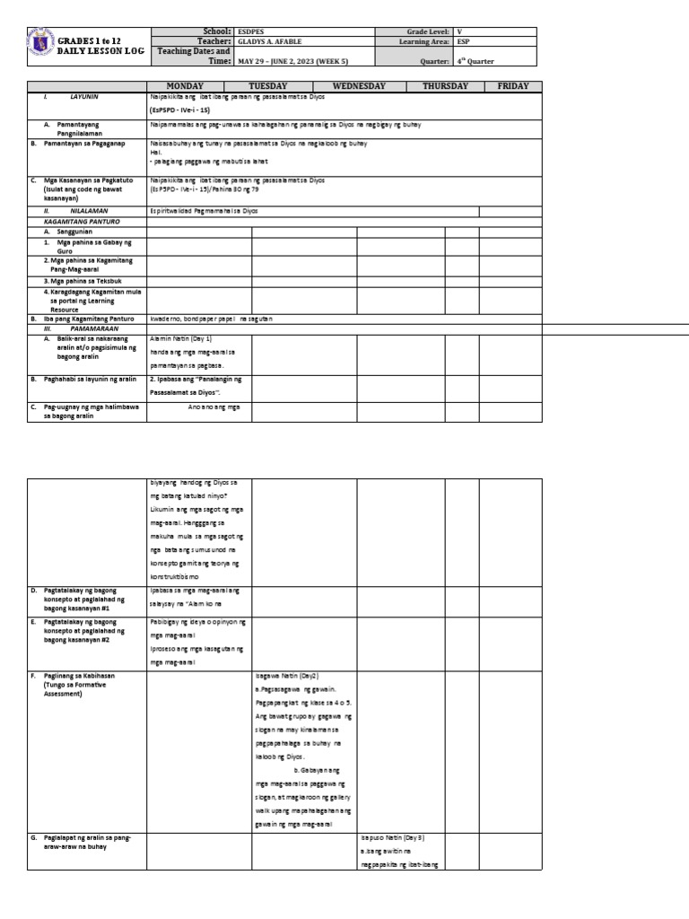 Grade 5 DLL ESP 5 Q4 Week 5 | PDF