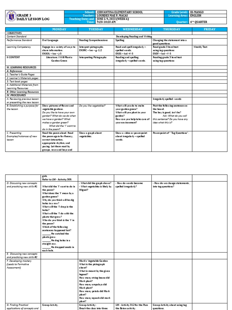 Grade 3 English Lesson Plan Week 6 | PDF | Human Communication | Cognition