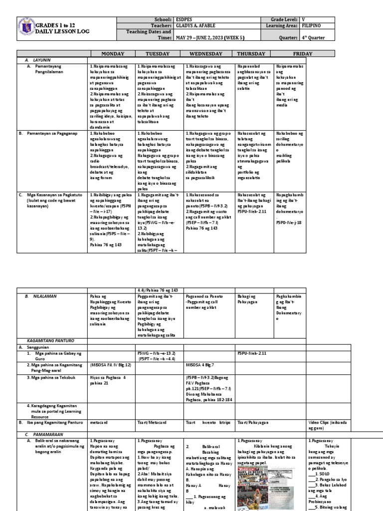 Grade 5 DLL FILIPINO 5 Q4 Week 5 | PDF