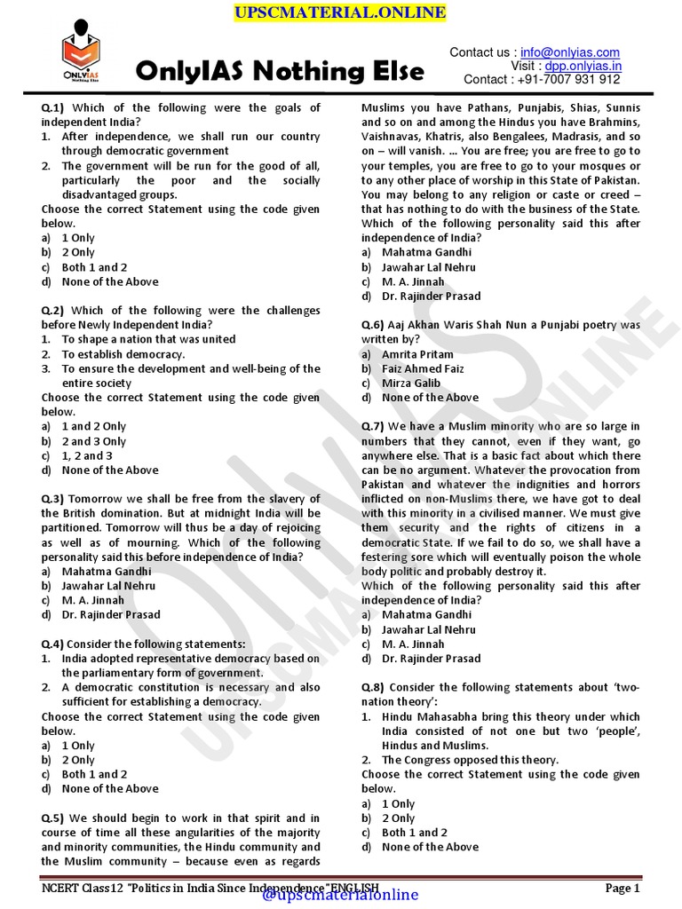 Politics in India Post-Independence NCERT | PDF | Partition Of India ...