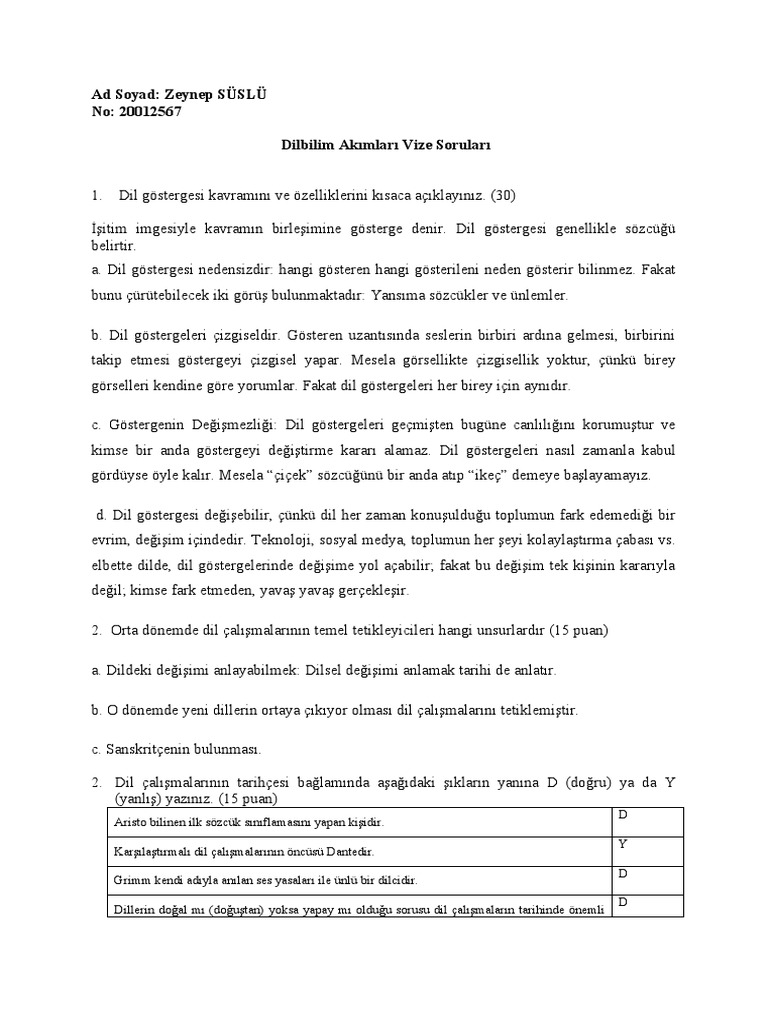 Dilbilim Akımları 2023 Vize Cevapları | PDF