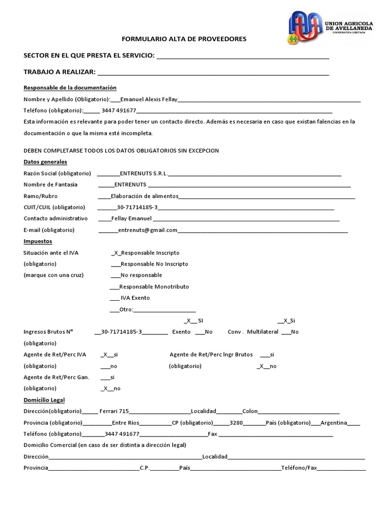 Formulario Alta de Proveedores | PDF | Seguro | Economias