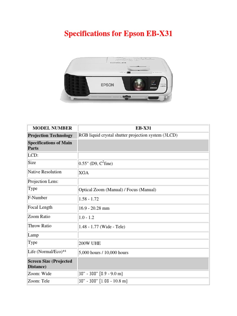 Specifications For Epson EB-X31 | PDF | Zoom Lens | Film And Video ...