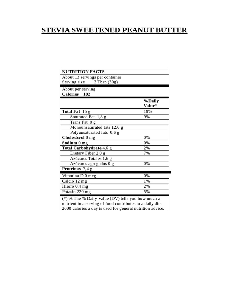 Nutrition Facts Peanut Butter With Stevia | PDF