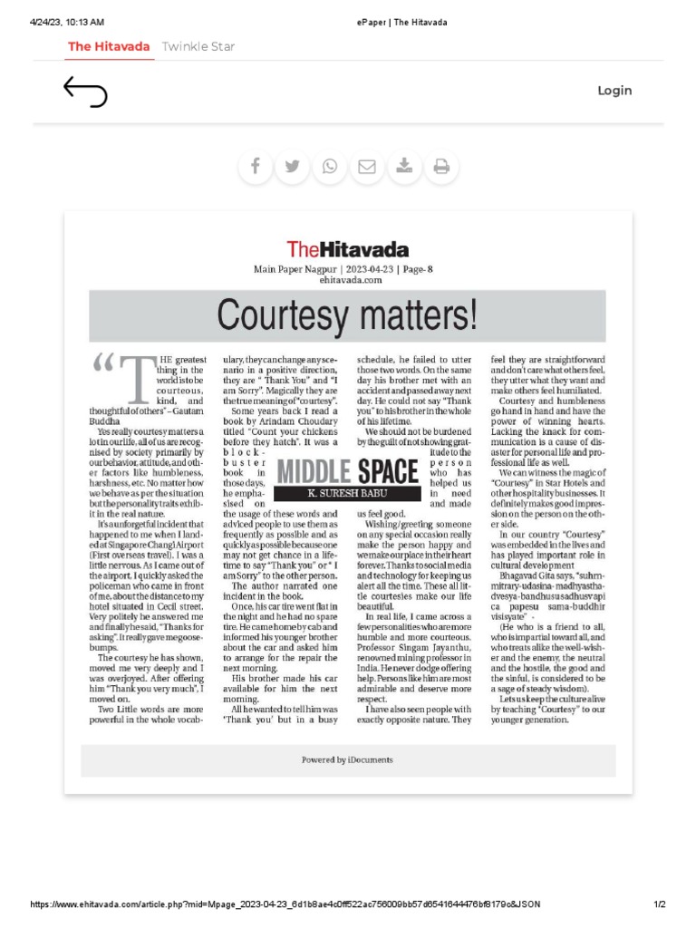 "Courtesy Matters" By Suresh Babu Published in The Hitavada Daily News ...