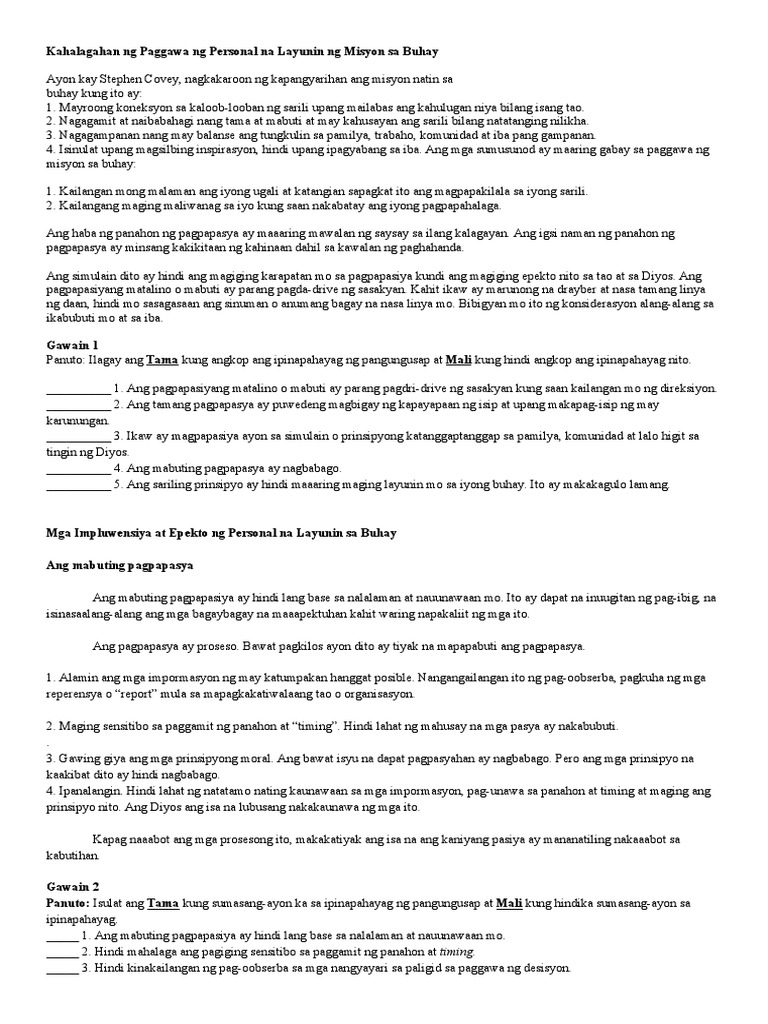 Kahalagahan NG Paggawa NG Personal Na Layunin NG Misyon Sa Buhay | PDF