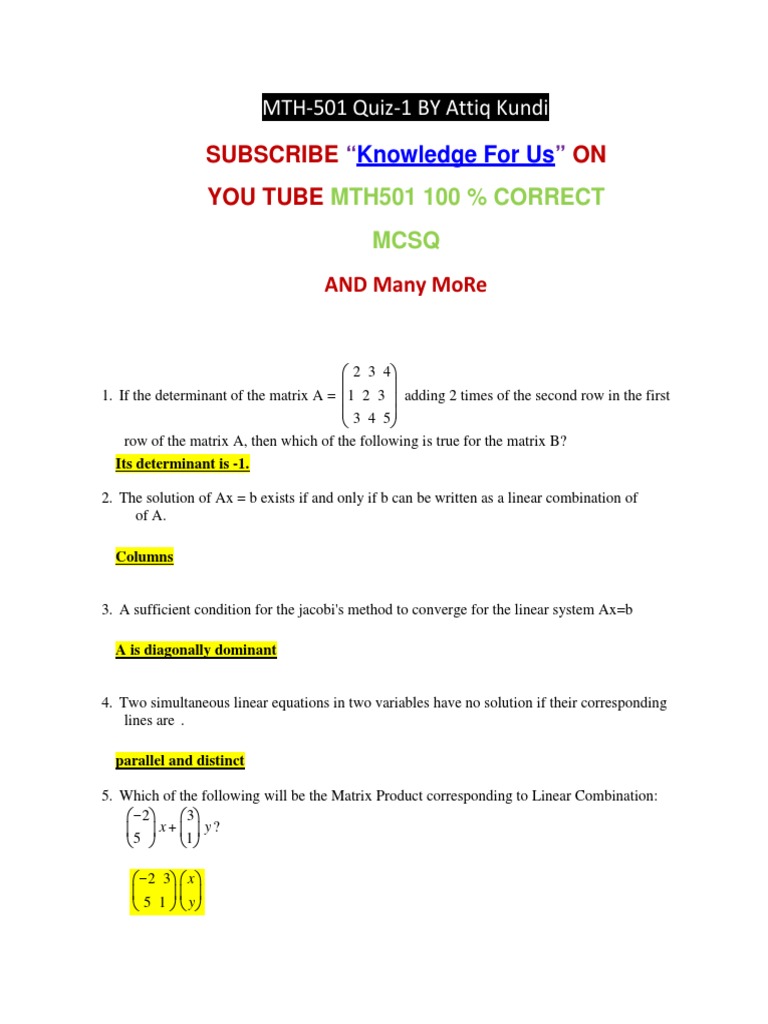 MTH501 Quiz-1 by Attiq Kundi-Updated | PDF | Matrix (Mathematics) | System Of Linear Equations