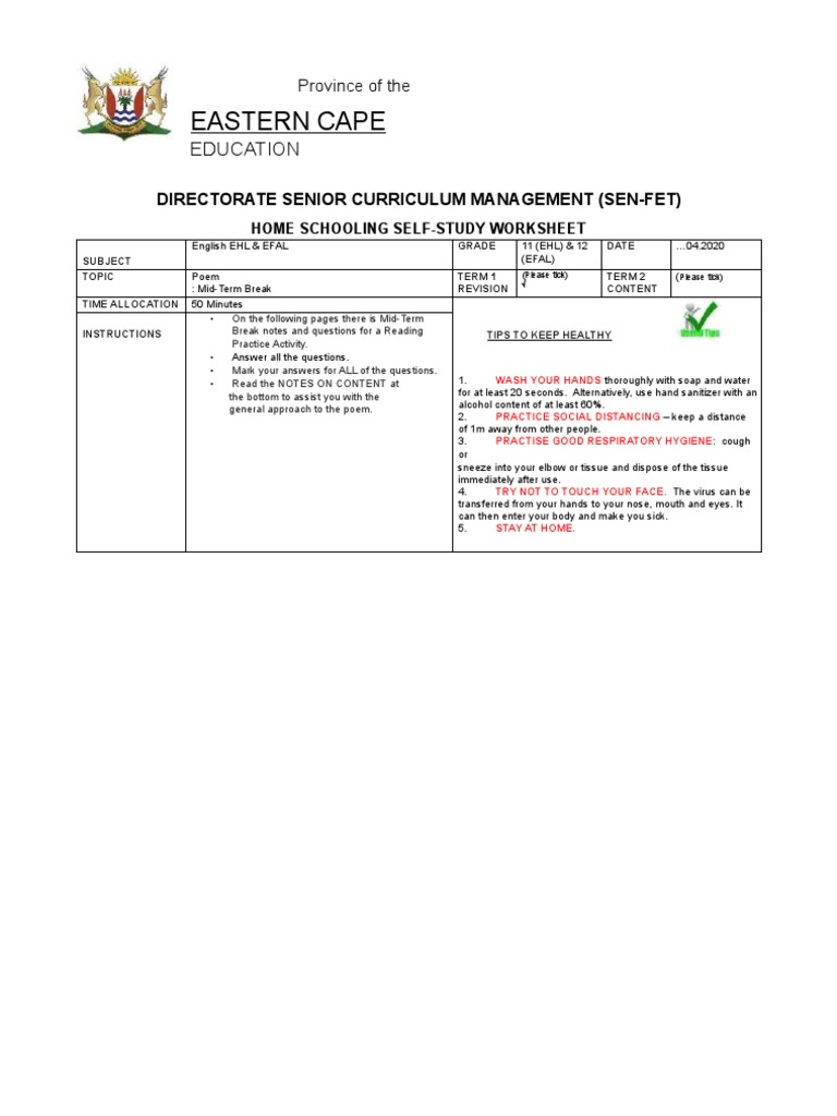 ENGLISH FAL GRADE 12 Poem Mid Term Break Worksheet | PDF | Diseases And ...