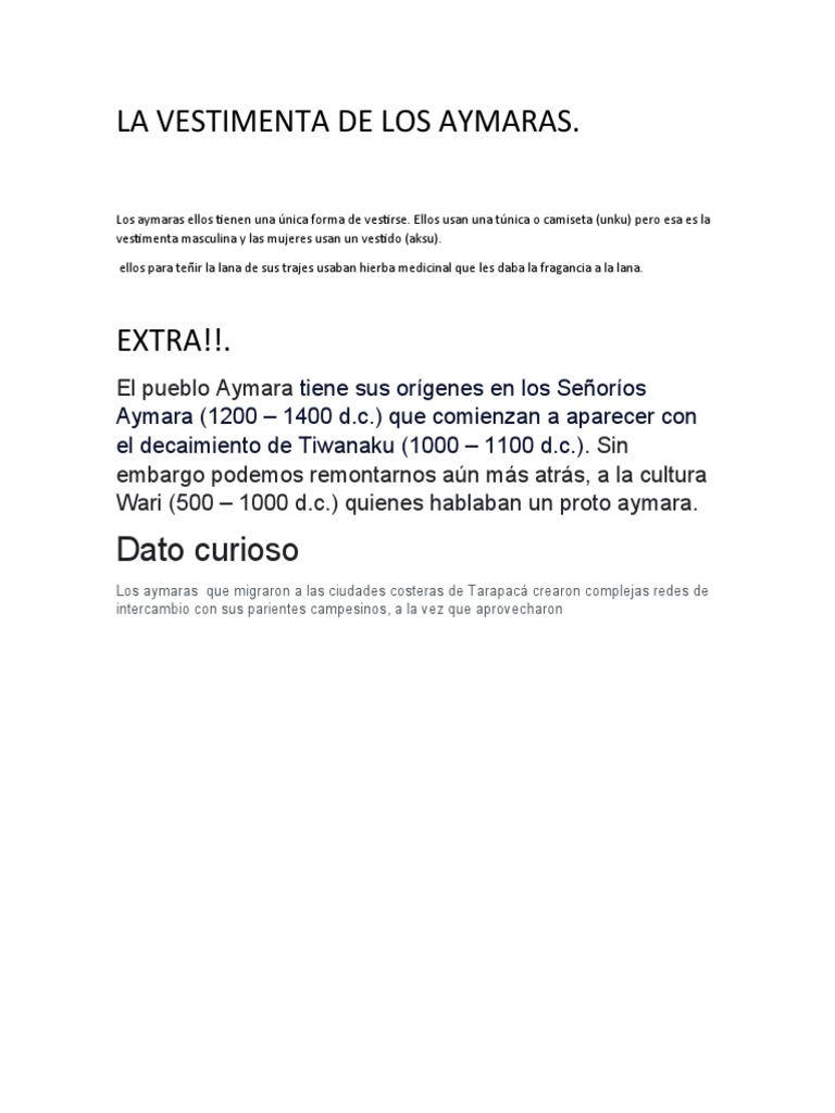 La Vestimenta de Los Aymaras | PDF
