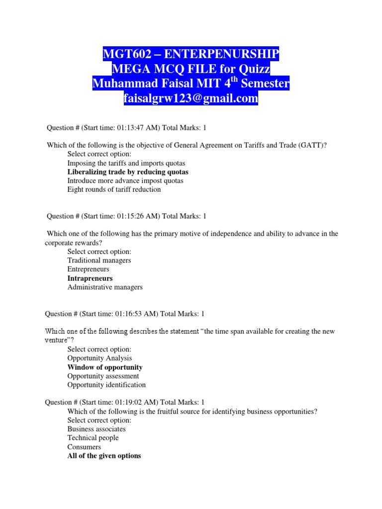 MGT602 Master File For Quizzes by FaisalDar | PDF | Entrepreneurship ...