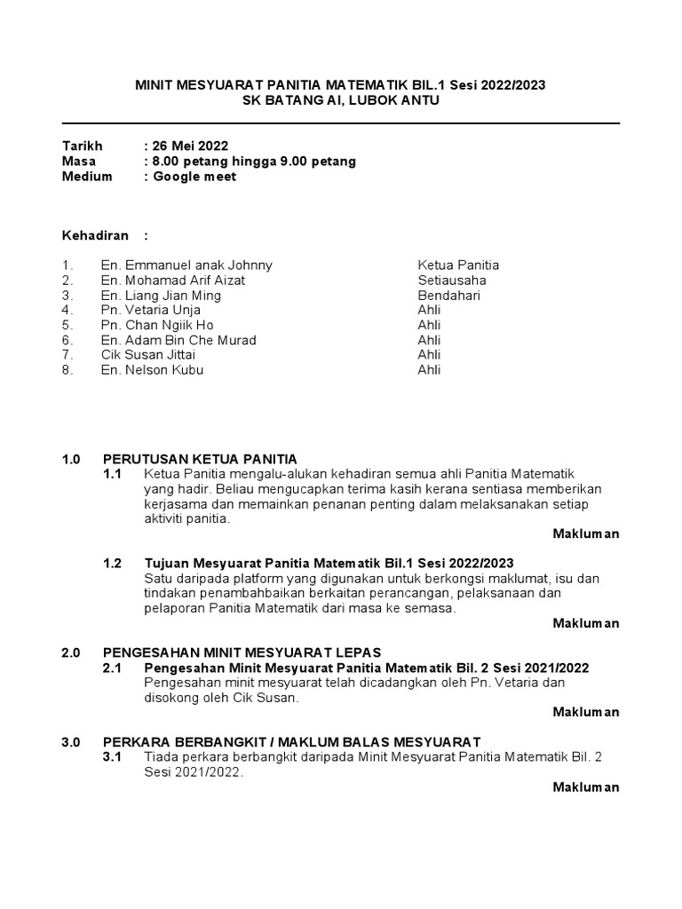 3 Minit Mesyuarat Panitia Matematik Bil 1 20222023 | PDF